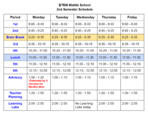 Schedule for Second Semester | STEM Middle School